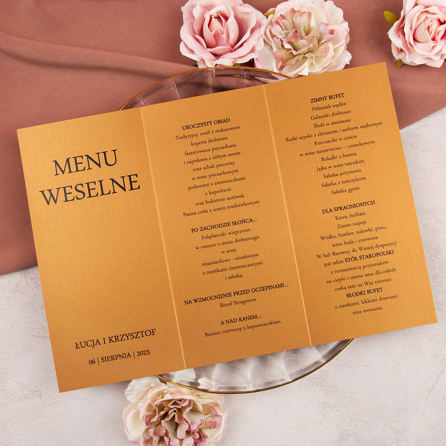 Otwierane menu ślubne z metalicznym złotym wykończeniem - Slim Gold ...